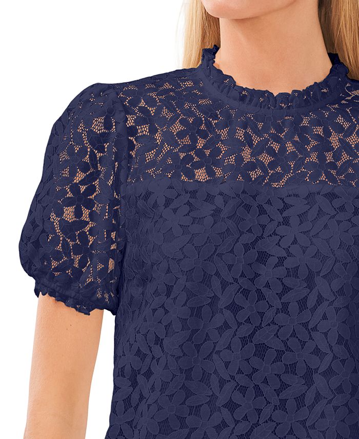 CeCe Women's Lace Ruffled Neck Short Puff Sleeve Blouse - Macy's