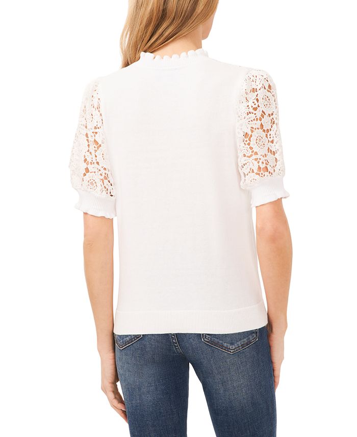 CeCe Women's Cotton Ruffle-Neck Lace-Yoke Sweater - Macy's
