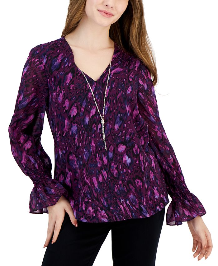 JM Collection Petite Glam Animal Printed Smocked Necklace Top, Created ...