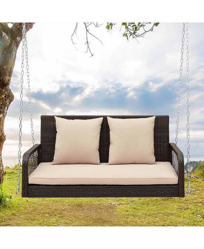 Costway Patio Wicker Porch Swing 2-Person Hanging Loveseat Bench Chair with Cushions - Macy's