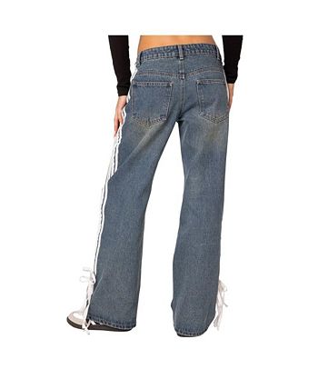 Edikted Women's Washed Low rise ribbon jeans - Macy's