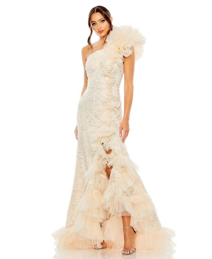 Mac Duggal Womens One Shoulder Ruffle High Low Tulle Gown Macys