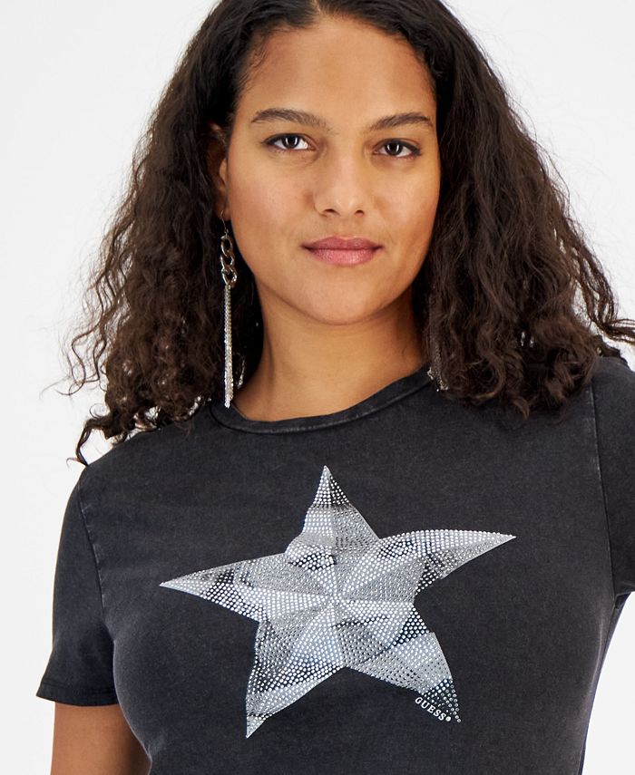 GUESS Women's Star Face Cotton Rhinestone-Graphic T-Shirt - Macy's