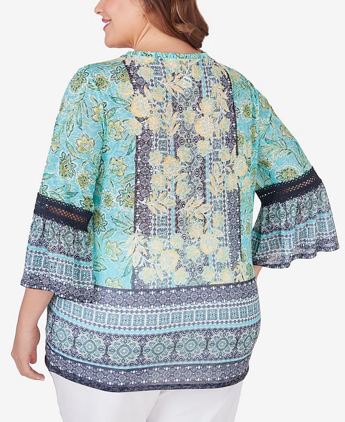 Ruby Rd. Plus Size Bohemian Floral Medallion Flounce Sleeve Top - Macy's