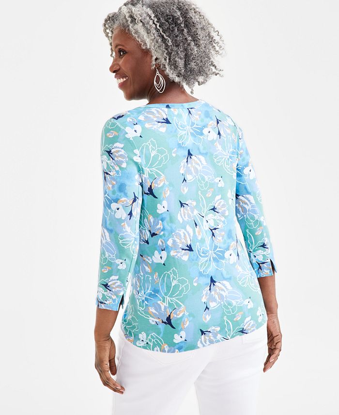 Style & Co Women's Pima Cotton Printed 3/4 Sleeve Boat-Neck Top ...