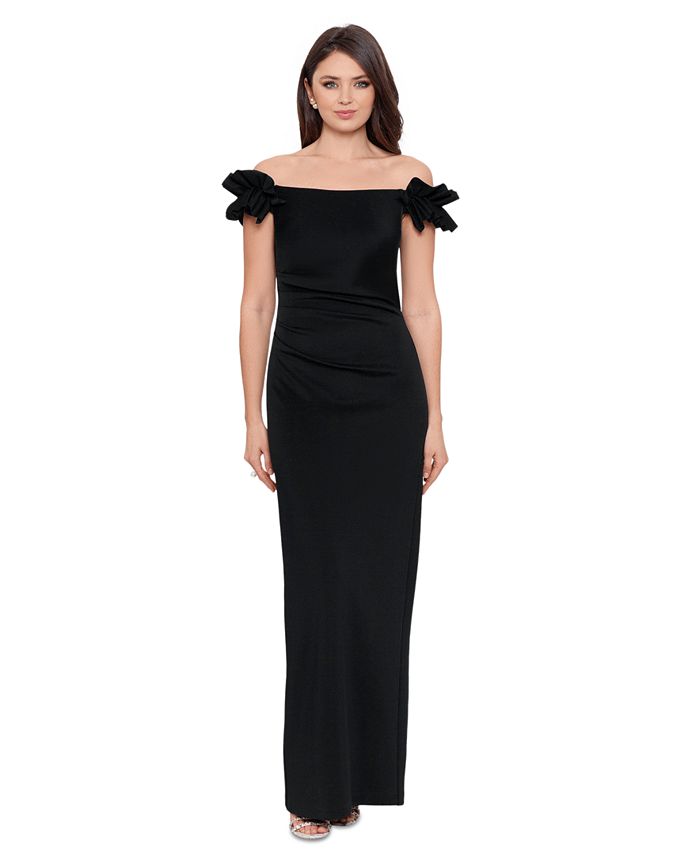 XSCAPE Petite Ruffled Ruched Off-The-Shoulder Gown - Macy's