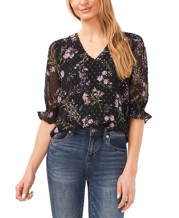 CeCe Women's Floral 3/4-Sleeve Ruffled V-Neck Blouse - Macy's