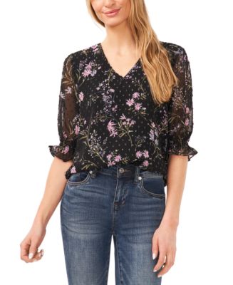 CeCe Women's Floral 3/4-Sleeve Ruffled V-Neck Blouse - Macy's