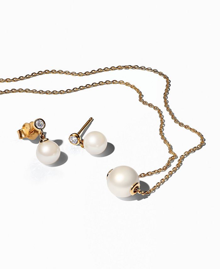 Pandora 14k Gold-plated Pearl Halo Necklace and Earring Gift Set - Macy's