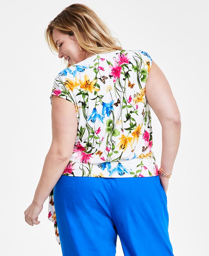 I N C International Concepts Plus Size Floral Print Surplice Tie Hem