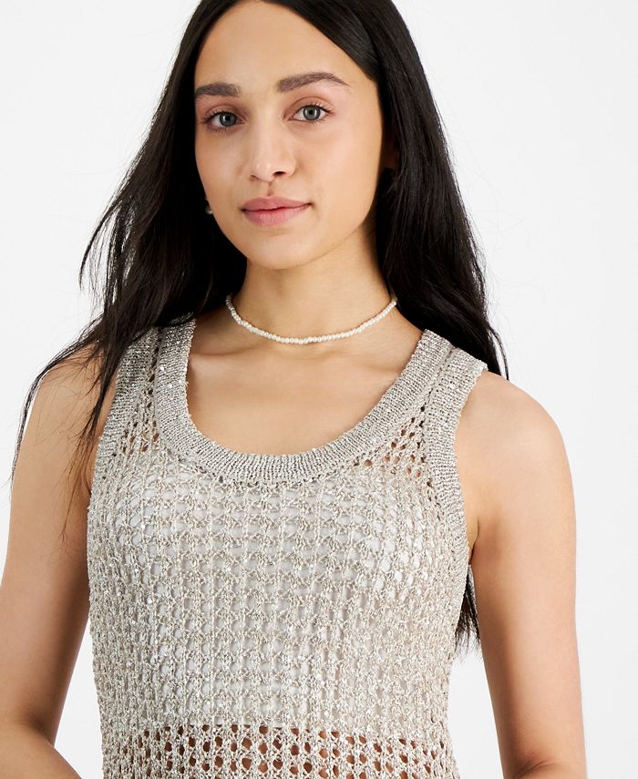 Bar III Petite Open-Stitch Sleeveless Metallic-Threaded Sweater ...