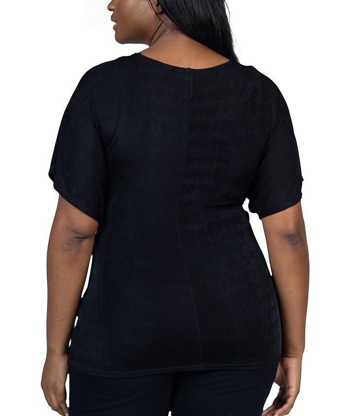 24seven Comfort Apparel Plus Size V Neck Knot Front Kimono Sleeve Top ...