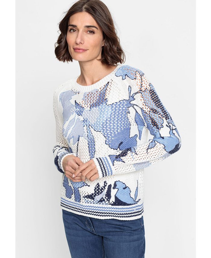 Olsen 100% Cotton Long Sleeve Open Knit Abstract Print Sweater - Macy's