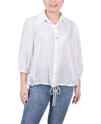 NY Collection Women's 3/4 Sleeve Drawstring Blouse - Macy's