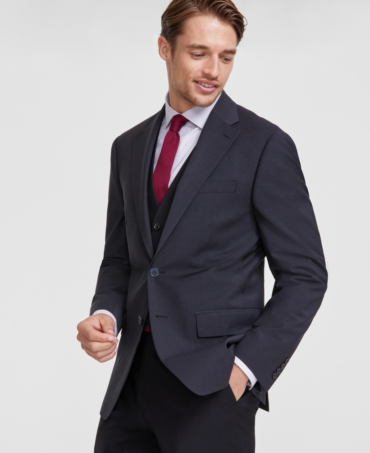 Click here for Calvin Klein Mens Slim-Fit Wool-Blend Stretch Suit... prices