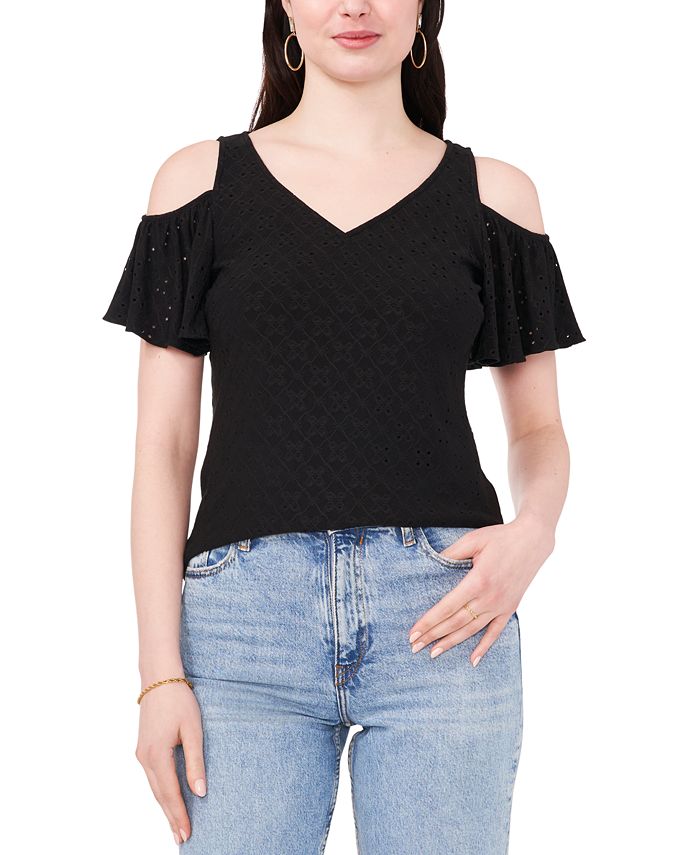 Sam & Jess Petite Knit Eyelet Cold-Shoulder Top - Macy's