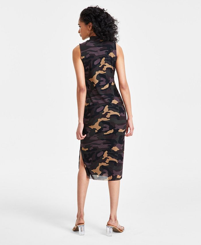 Bar III Women's Camo-Print Mock-Neck Sleeveless Mesh Midi Dress ...
