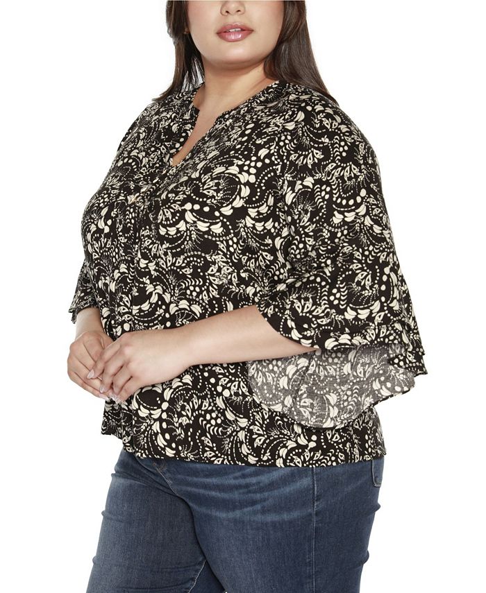 Belldini Black Label Plus Size Printed Ruffle Sleeve Top - Macy's