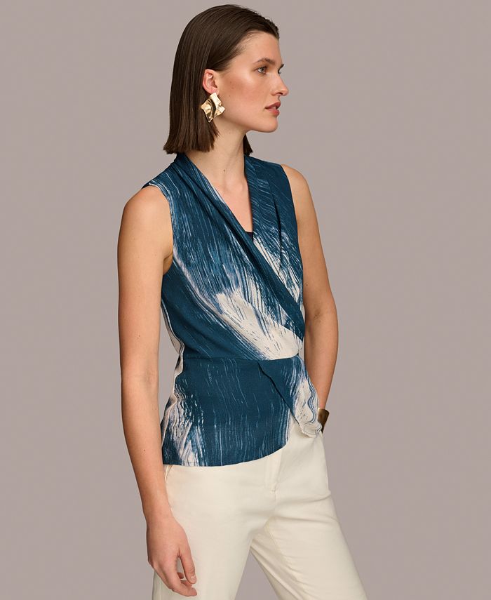 Donna Karan Womens Printed Faux Wrap Sleeveless Top Macys