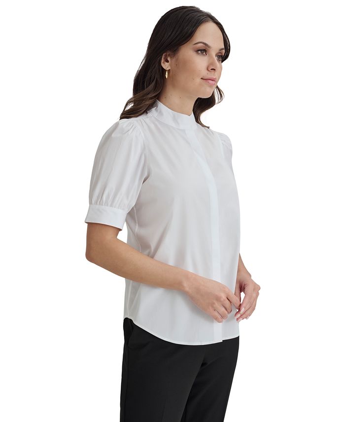 DKNY Women's Solid Mandarin-Collar Puff-Sleeve Top - Macy's