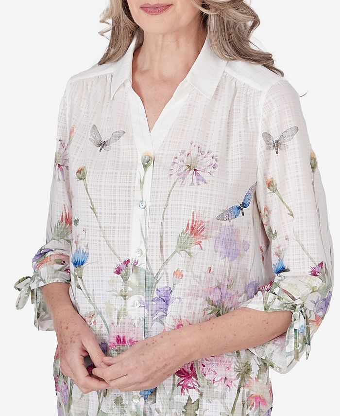 Alfred Dunner Petite Garden Party Watercolor Floral Button Down Blouse ...