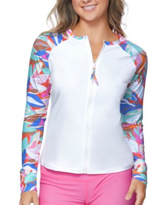Raisins Juniors' Printed-Sleeve Zip-Front Rash Guard - Macy's