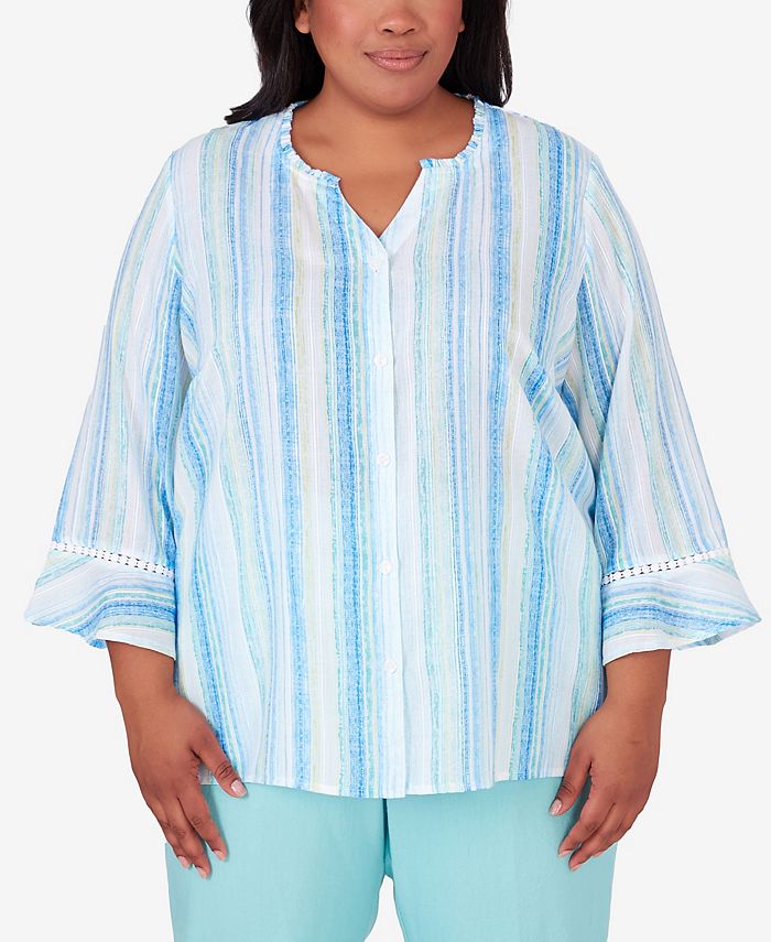 Alfred Dunner Plus Size Hyannisport Stripe Button Down Blouse Top - Macy's