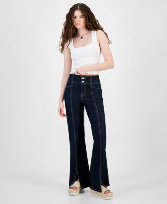 Tinseltown Juniors' Super-High-Rise Split-Seam Flare-Leg Jeans, Created ...