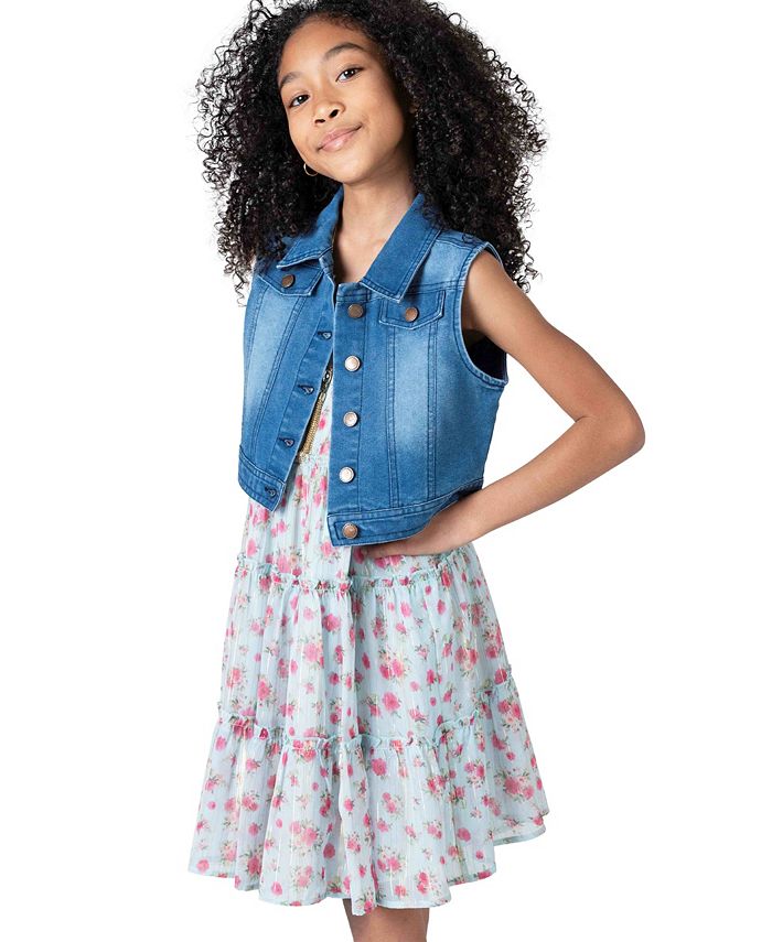 Rare Editions Big Girls Denim Vest Dress Outfit with Necklace, 3 PC ...