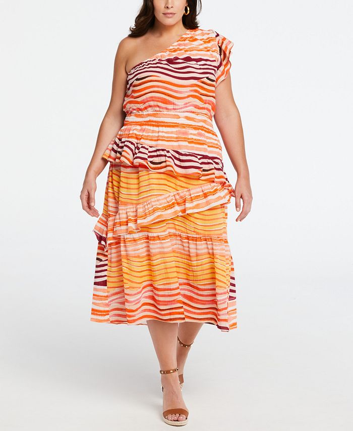 ELLA Rafaella Plus Size Cotton One Shoulder Ruffle Midi Dress - Macy's