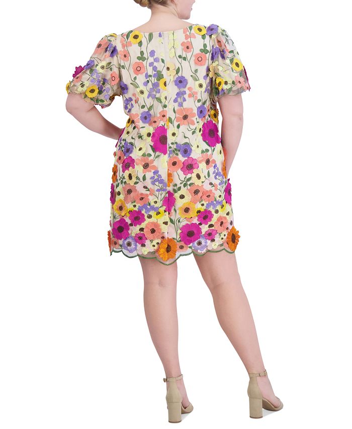 Eliza J Plus Size 3D Embroidered-Florals Puff-Sleeve Dress - Macy's