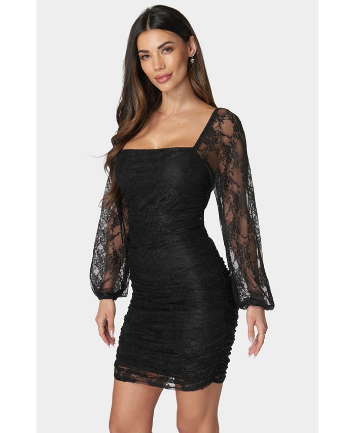 Bebe Women's Lace Square Neck Ruch Dress - Macy's