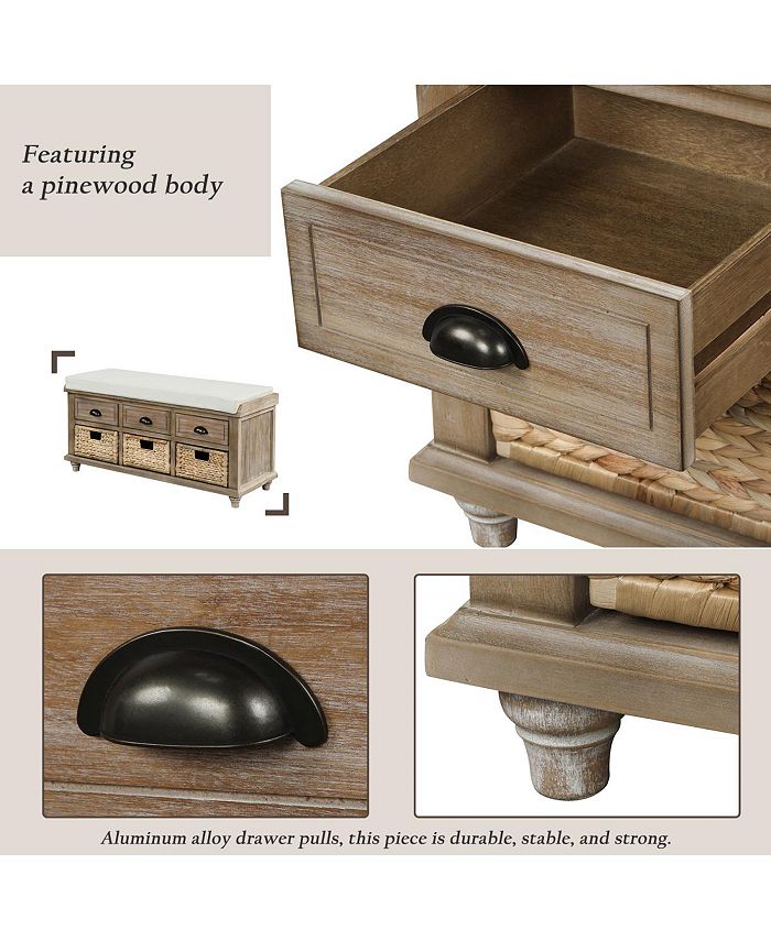 Simplie Fun Rustic Storage Bench With 3 Drawers And 3 Rattan Baskets ...