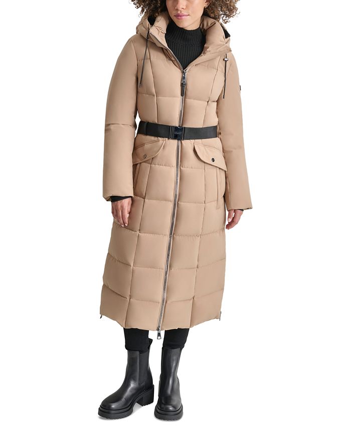 DKNY Womens Maxi Belted Hooded Puffer Coat - Macy's