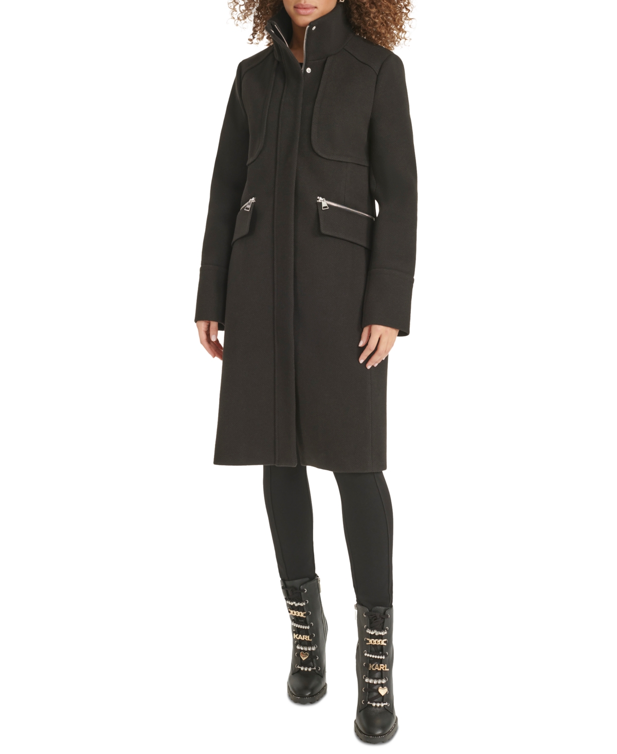 Karl Lagerfeld Paris Womens Zip-Front Boucle Coat  Created for Macys - Black