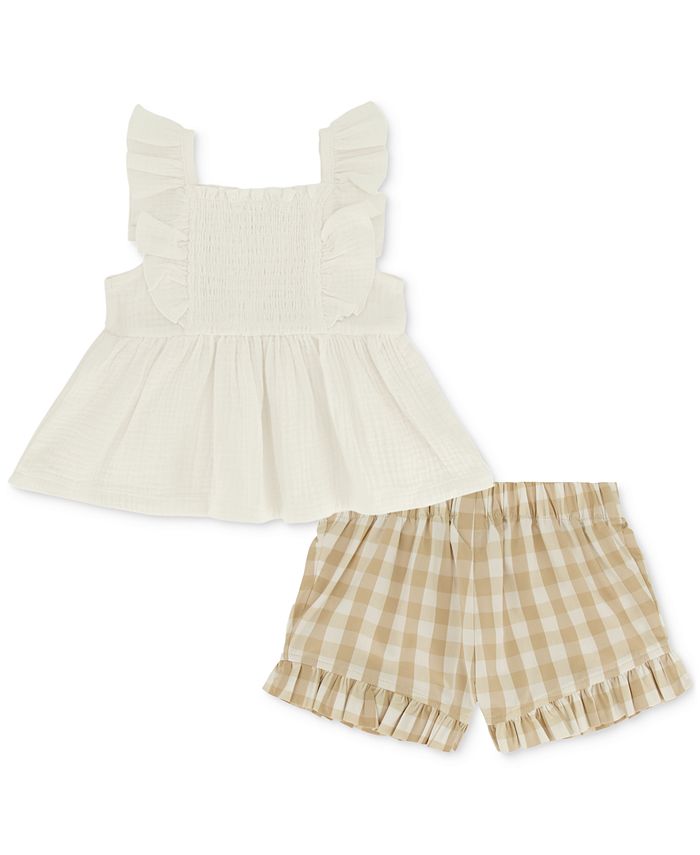 Calvin Klein Baby Girls Smocked Muslin Top & Gingham Ruffled Shorts, 2 ...