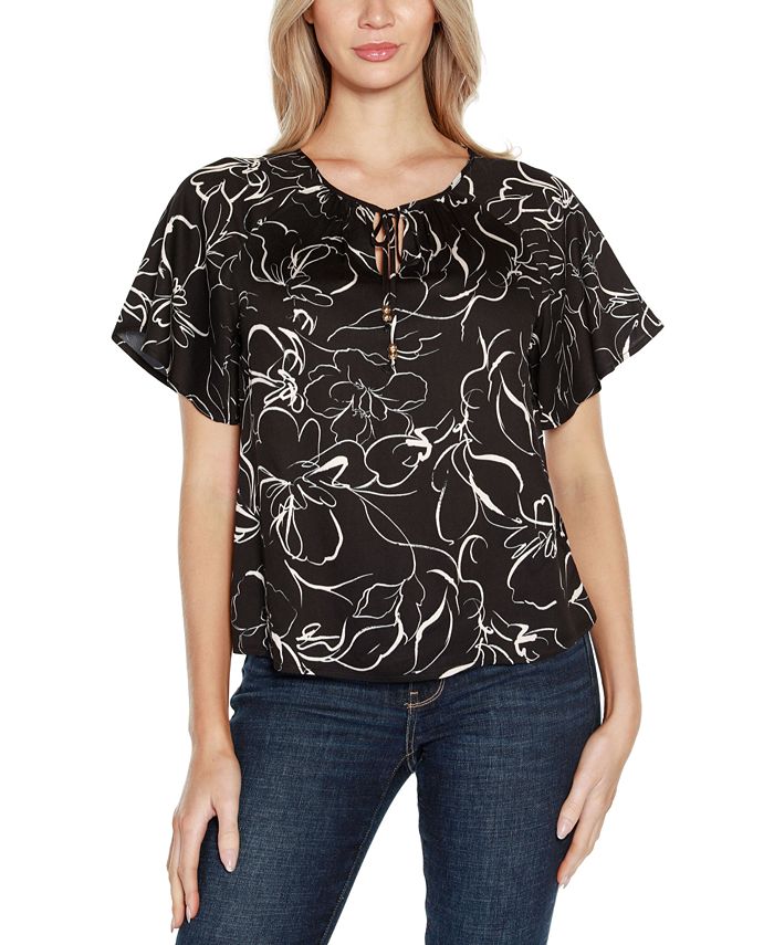 Belldini Women's Embellished Tie Neck Flutter Sleeve Top - Macy's