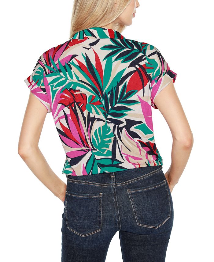 Belldini Women's Printed Collared Button-Front Printed Floral Top - Macy's