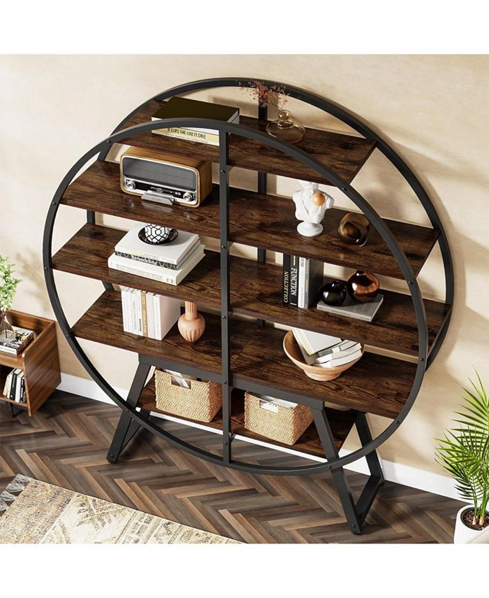 Tribesigns Industrial Bookshelf Etagere Bookcase: 67 Inches 5 Tiers Round Bookshelves for Living ...