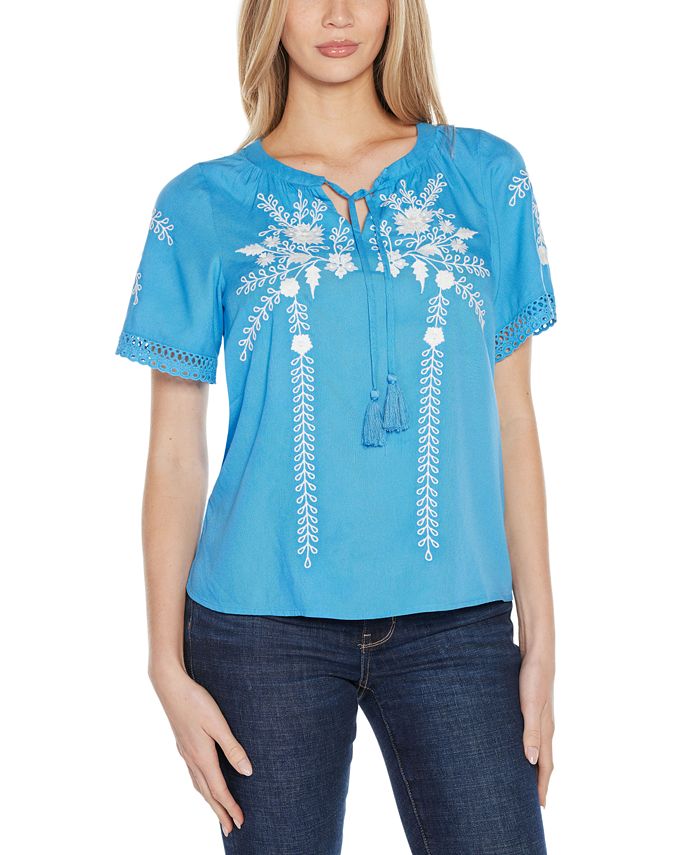 Belldini Women's Embroidered Tie-Neck Peasant Top - Macy's