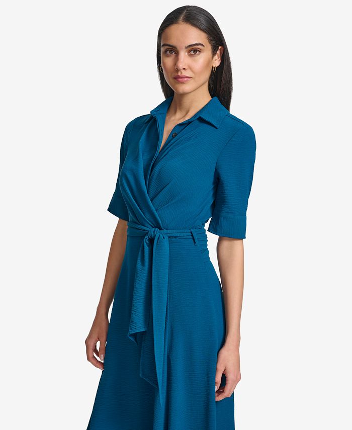 Calvin Klein Women's Tie-Waist Elbow-Sleeve Shirtdress - Macy's