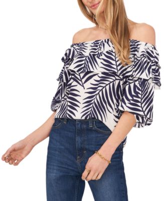 Sam & Jess Petite Printed Double-Ruffle Bubble-Sleeve Blouse - Macy's