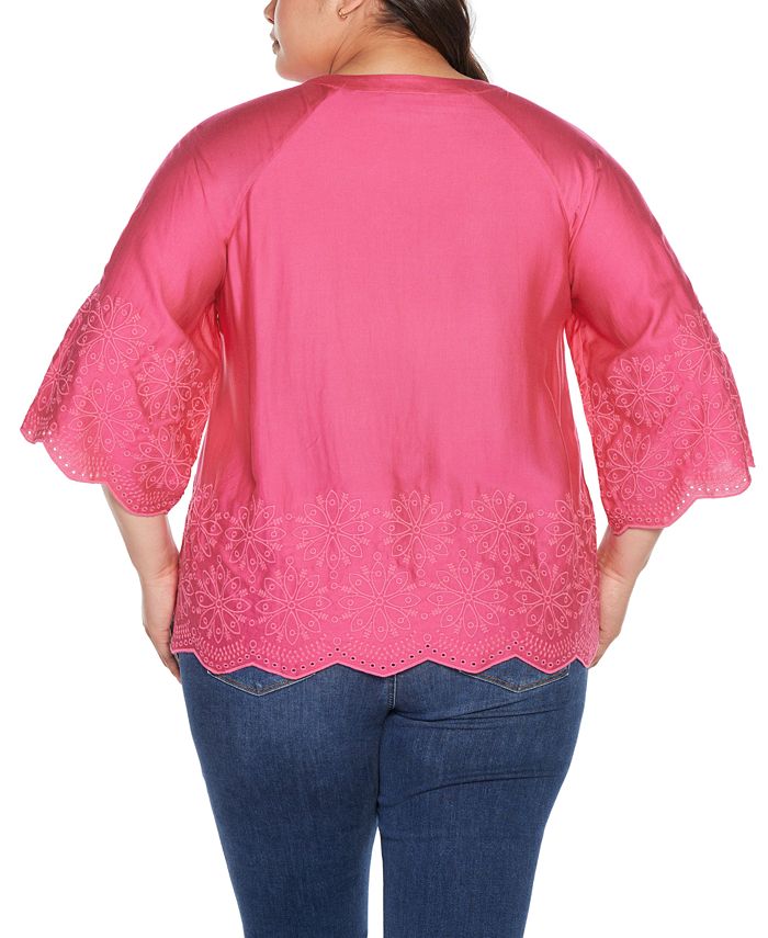 Belldini Black Label Plus Size Raglan 3/4-Sleeve Embroidered Top - Macy's