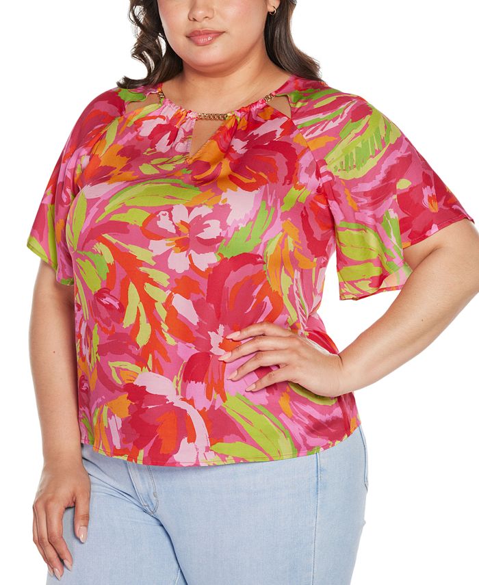 Belldini Black Label Plus Size Abstract Floral Cutout Detail Top - Macy's