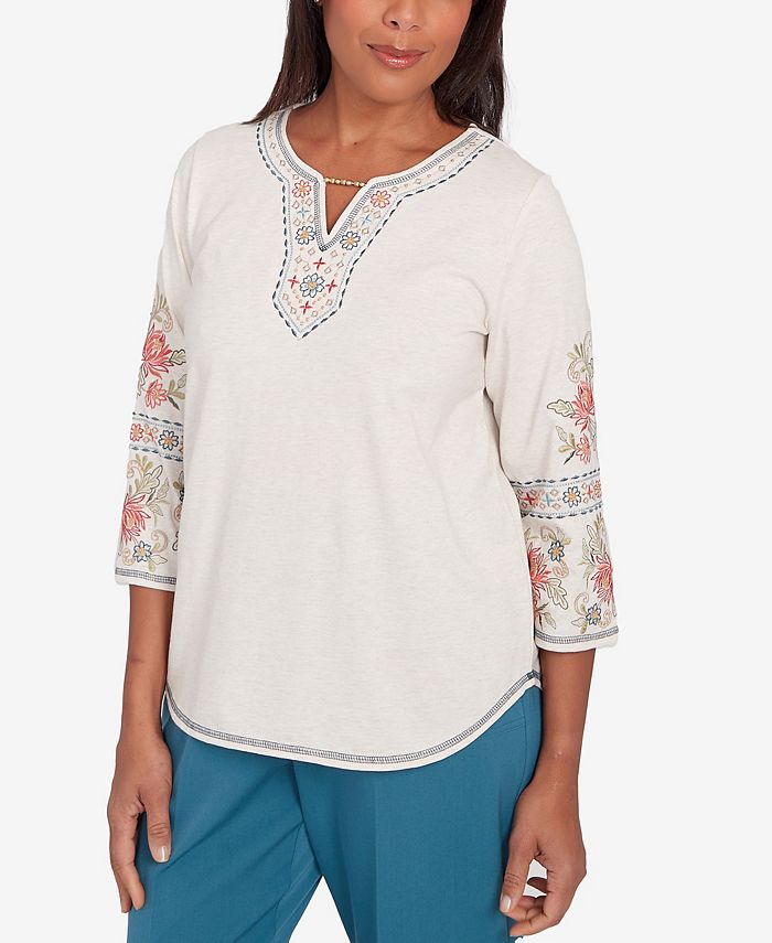 Alfred Dunner Petite Sedona Sky Split Neck Embroidered Top - Macy's