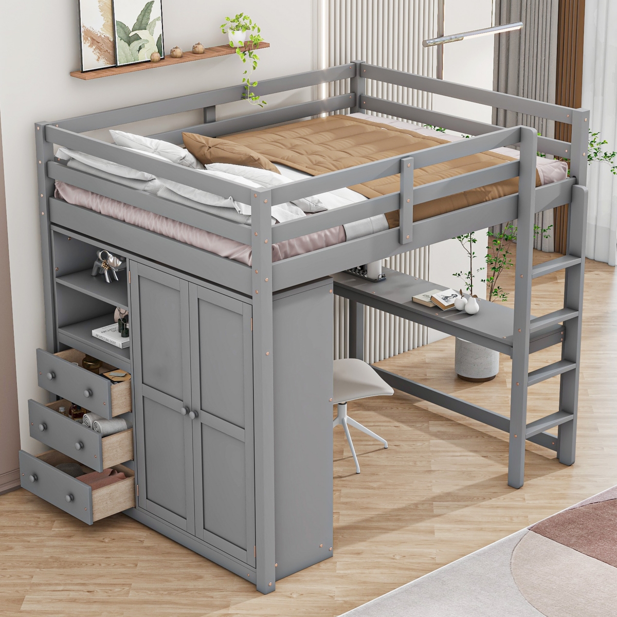 Click here for Streamdale Full Size White Loft Bed with Wardrobe... prices