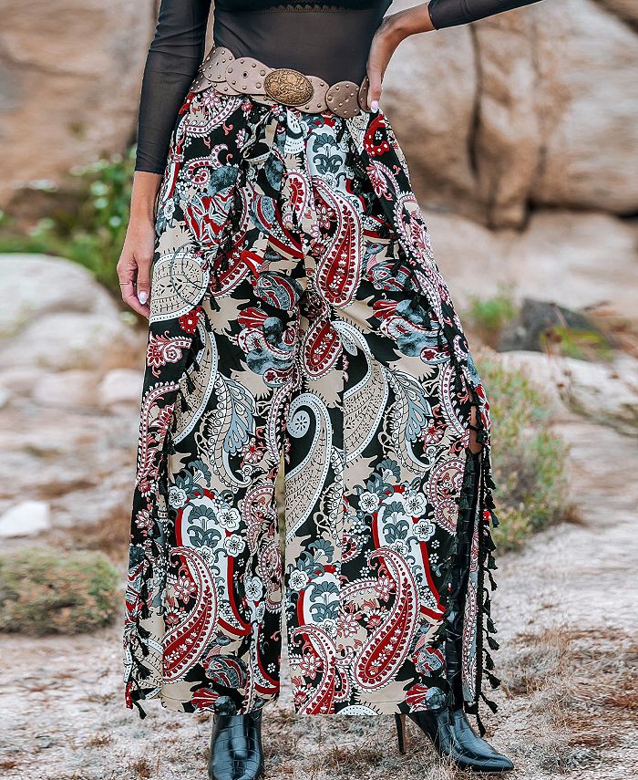 CUPSHE Women's Black & Red Paisley Wide Leg Tassel Pants - Macy's