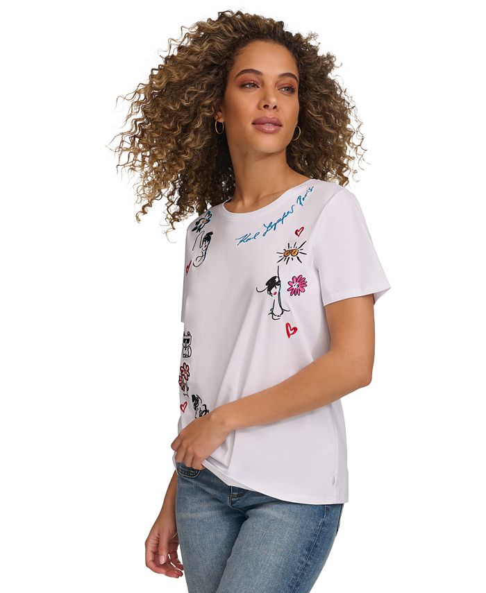 KARL LAGERFELD PARIS Women's Embroidered Motif T-Shirt - Macy's