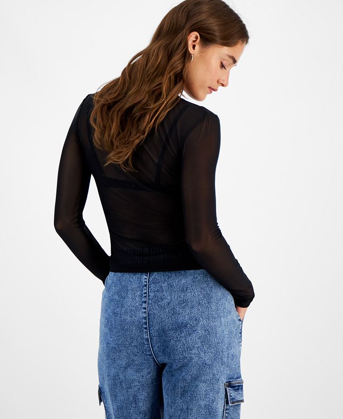 Just Polly Juniors' Side-Ruched Long-Sleeve Mesh Top - Macy's