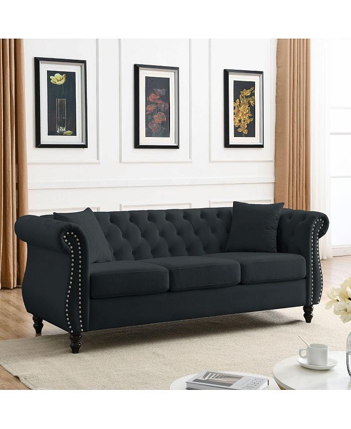 Simplie Fun Black Velvet Chesterfield Sofa with Tufted Couch, Rolled Arms, Nailhead, 3 Seater, 2 ...